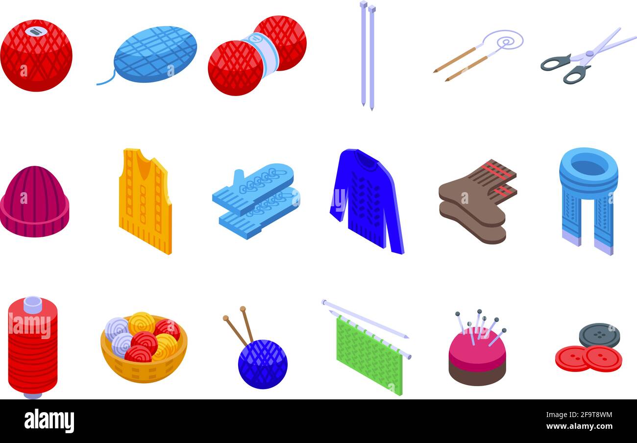 Knitting icons set. Isometric set of knitting vector icons for web ...