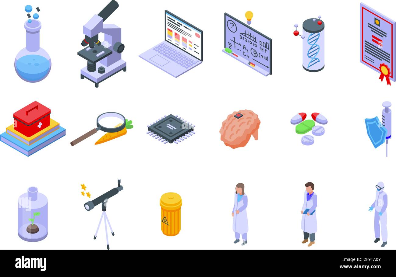 Research scientist icons set. Isometric set of research scientist ...