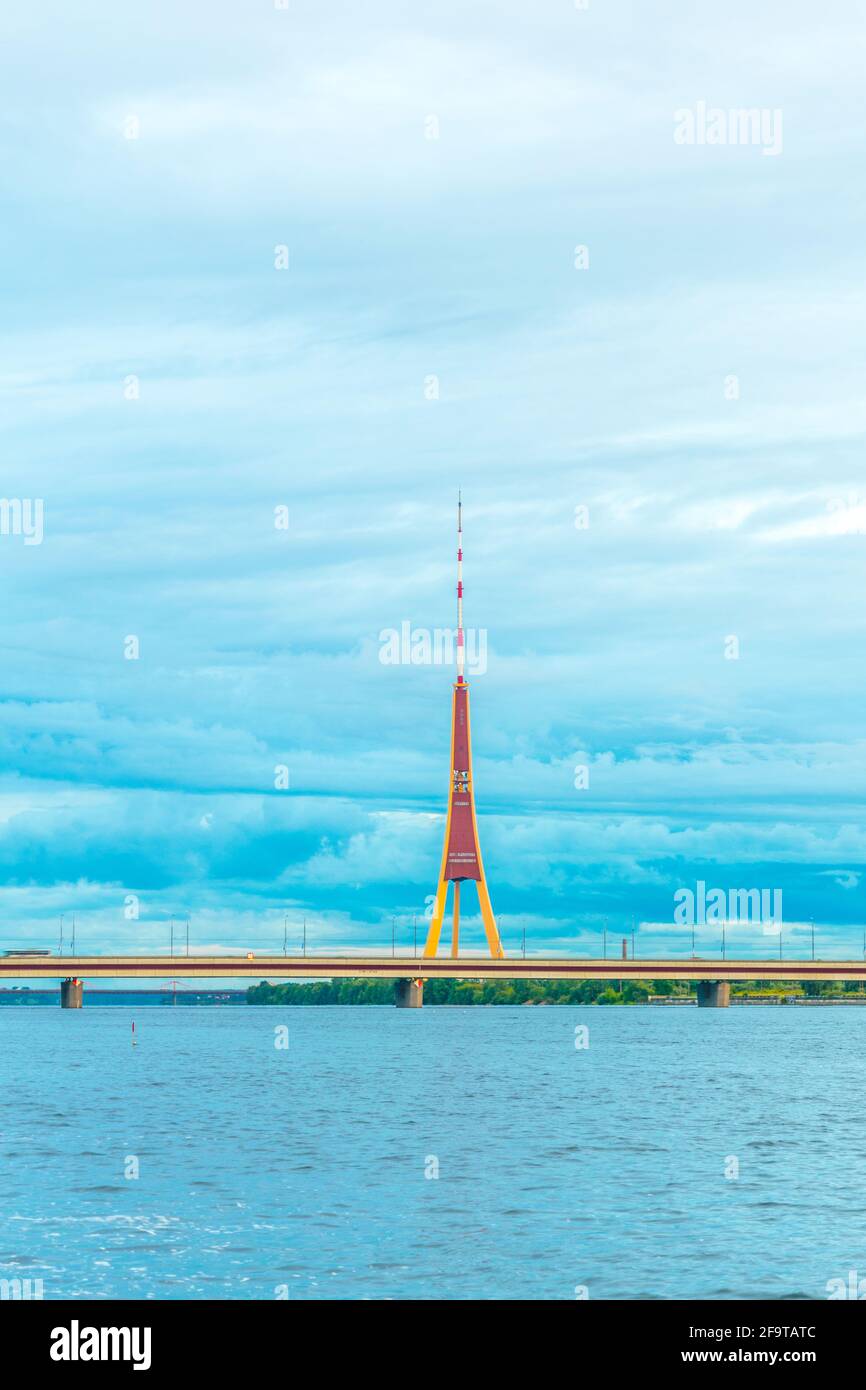 TV tower in Riga behind a bridge, Latvia Stock Photo - Alamy