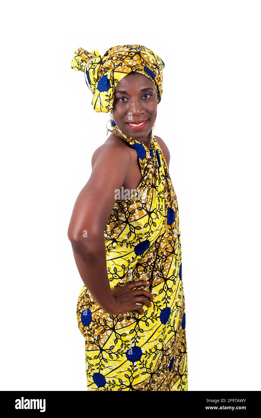 African woman in yellow loincloth posing happily isolated on white ...