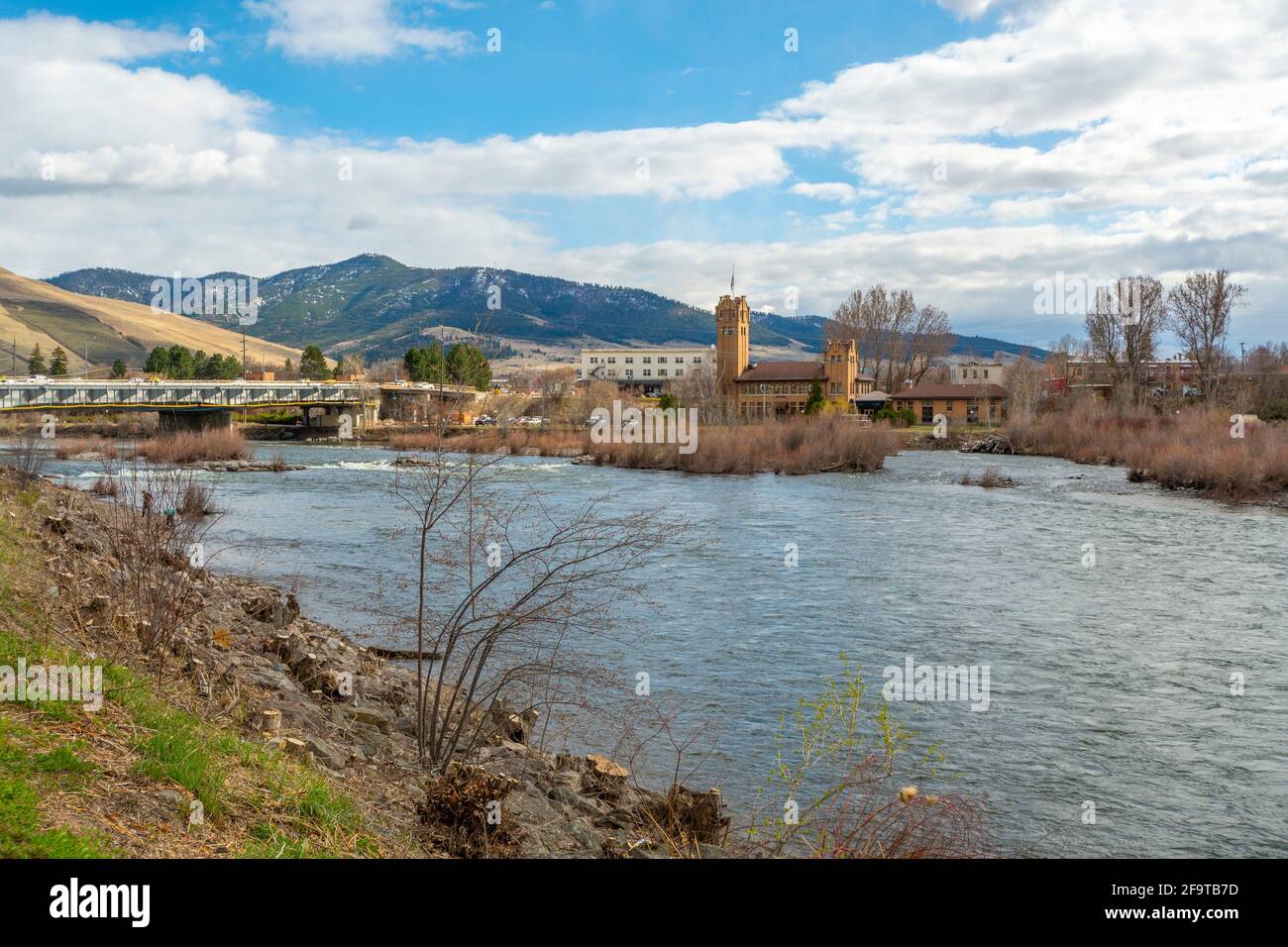View of the downtown area, hills and the Clark Fork river in the ...