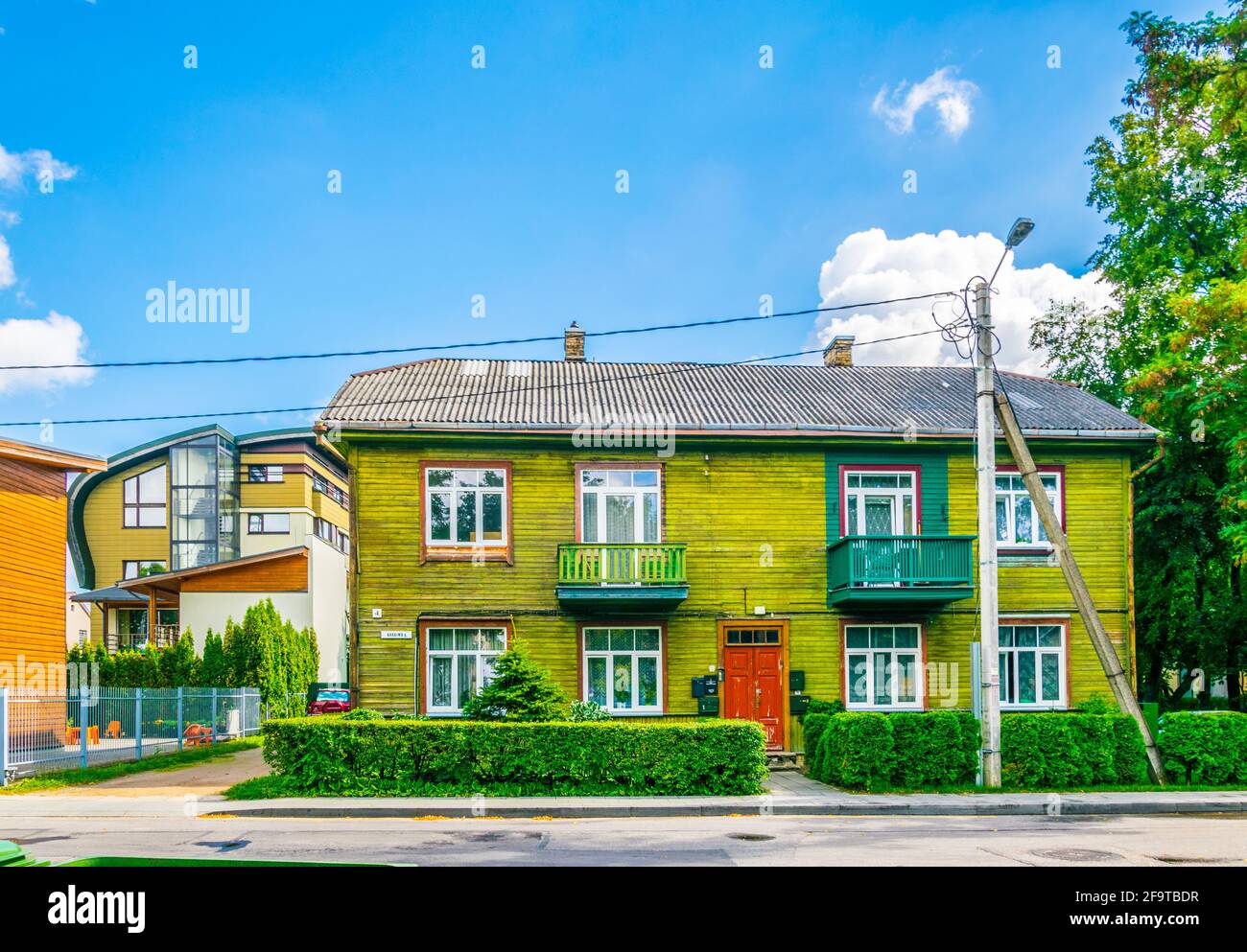 View of a wooden family house situated in a suburb of Vilnius ...
