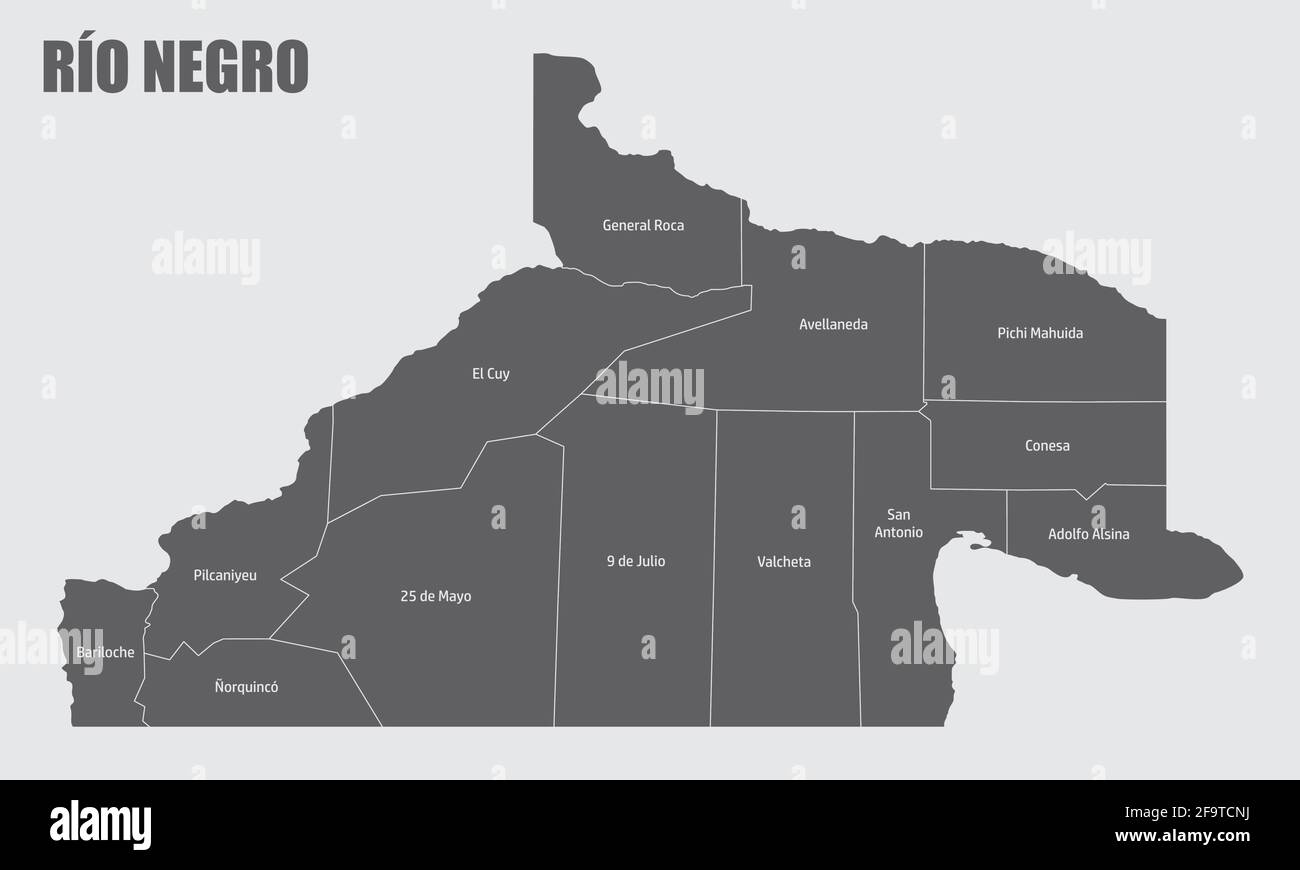The Rio Negro province isolated map divided in departments with labels ...