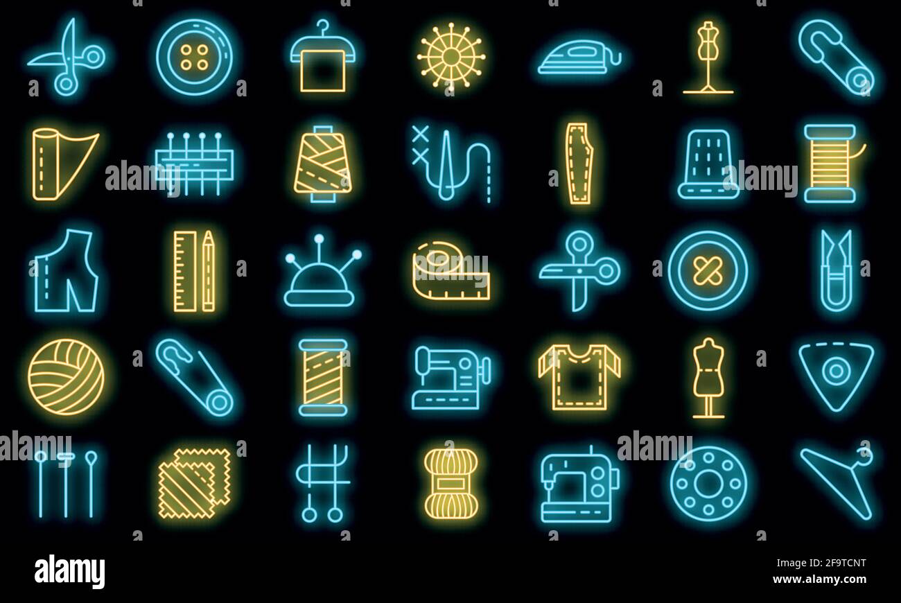 Tailor icons set. Outline set of tailor vector icons neon color on ...