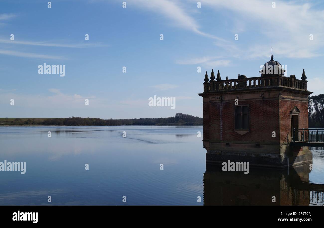 Swithland Reservoir brick pump house Stock Photo - Alamy