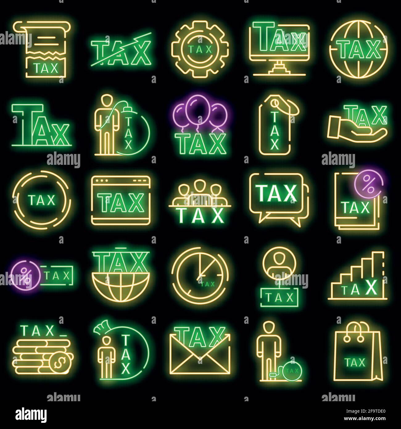Tax icons set. Outline set of tax vector icons neon color on white ...