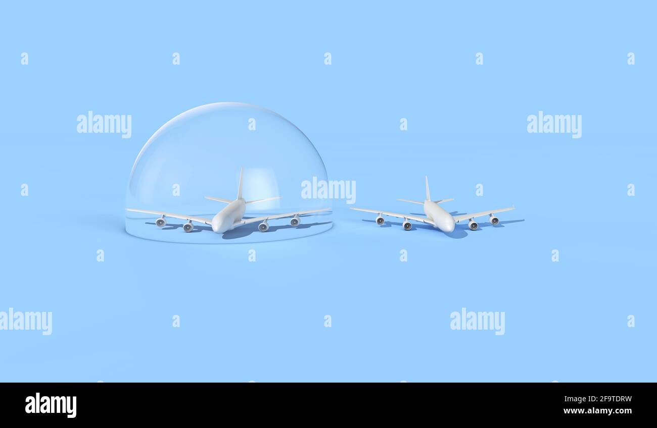 Coronavirus flight bubble concept. Airplane in a bubble. 3D Rendering ...