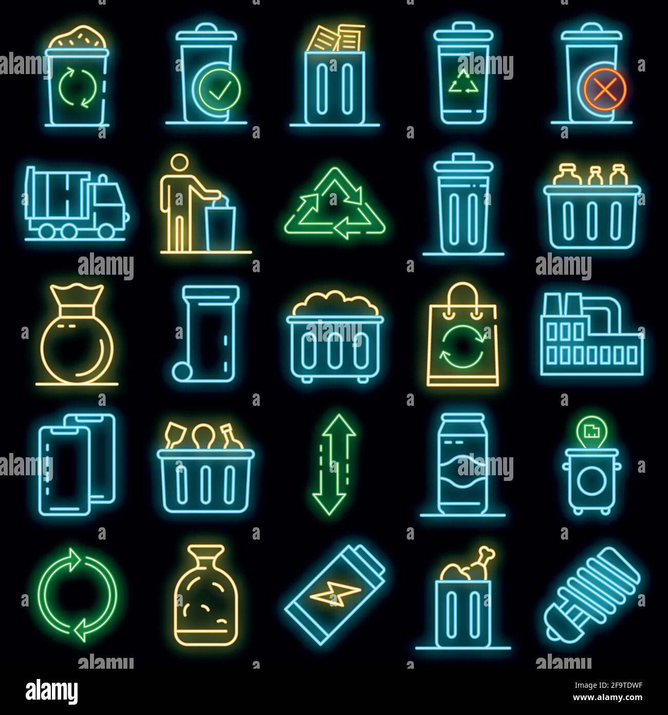 Garbage icons set. Outline set of garbage vector icons neon color on ...