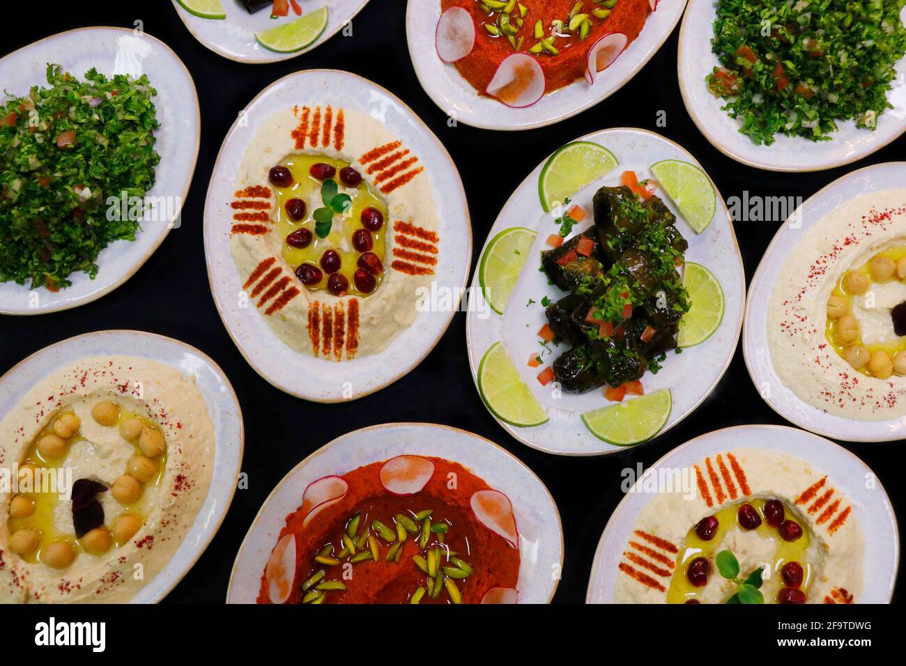selection of libanese food mezze, includes hummus, muhammara, moutabal ...