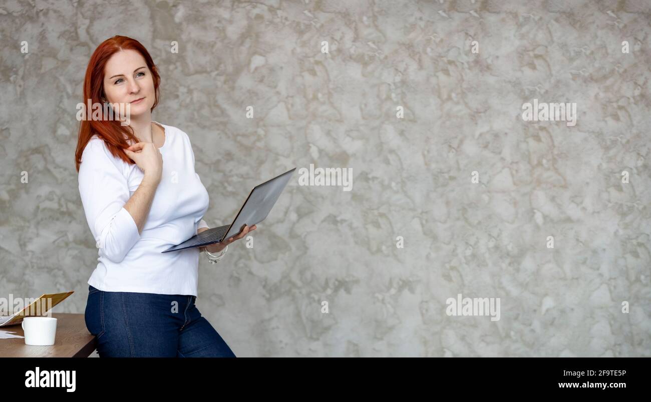 happy attractive woman with laptop. banner education, banner for remote ...