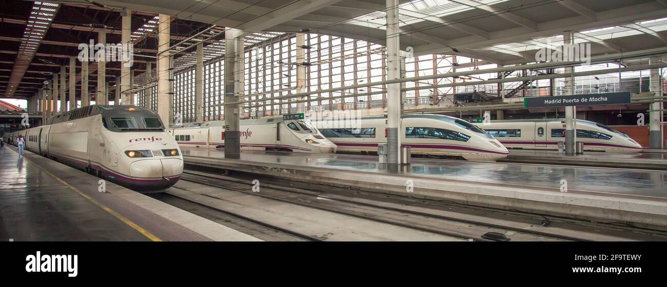 Renfe high-speed bullet trains at Atocha Station, Madrid, Spain Stock ...