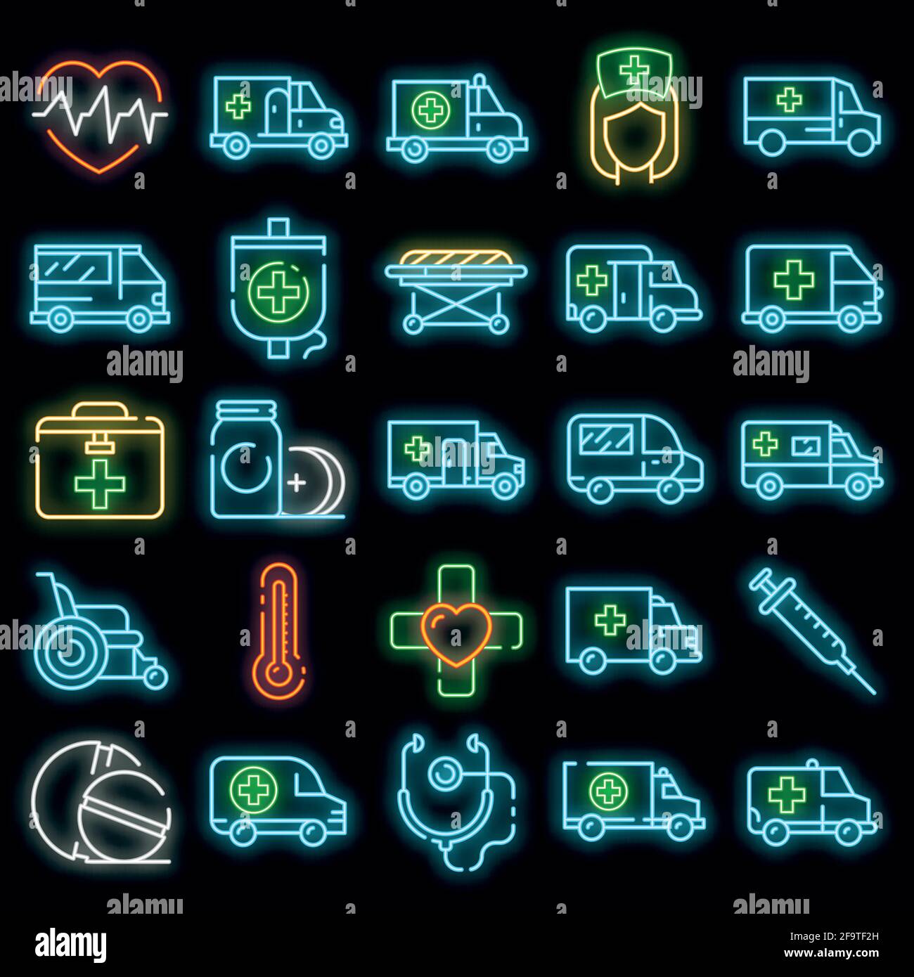 Ambulance icons set. Outline set of ambulance vector icons neon color ...