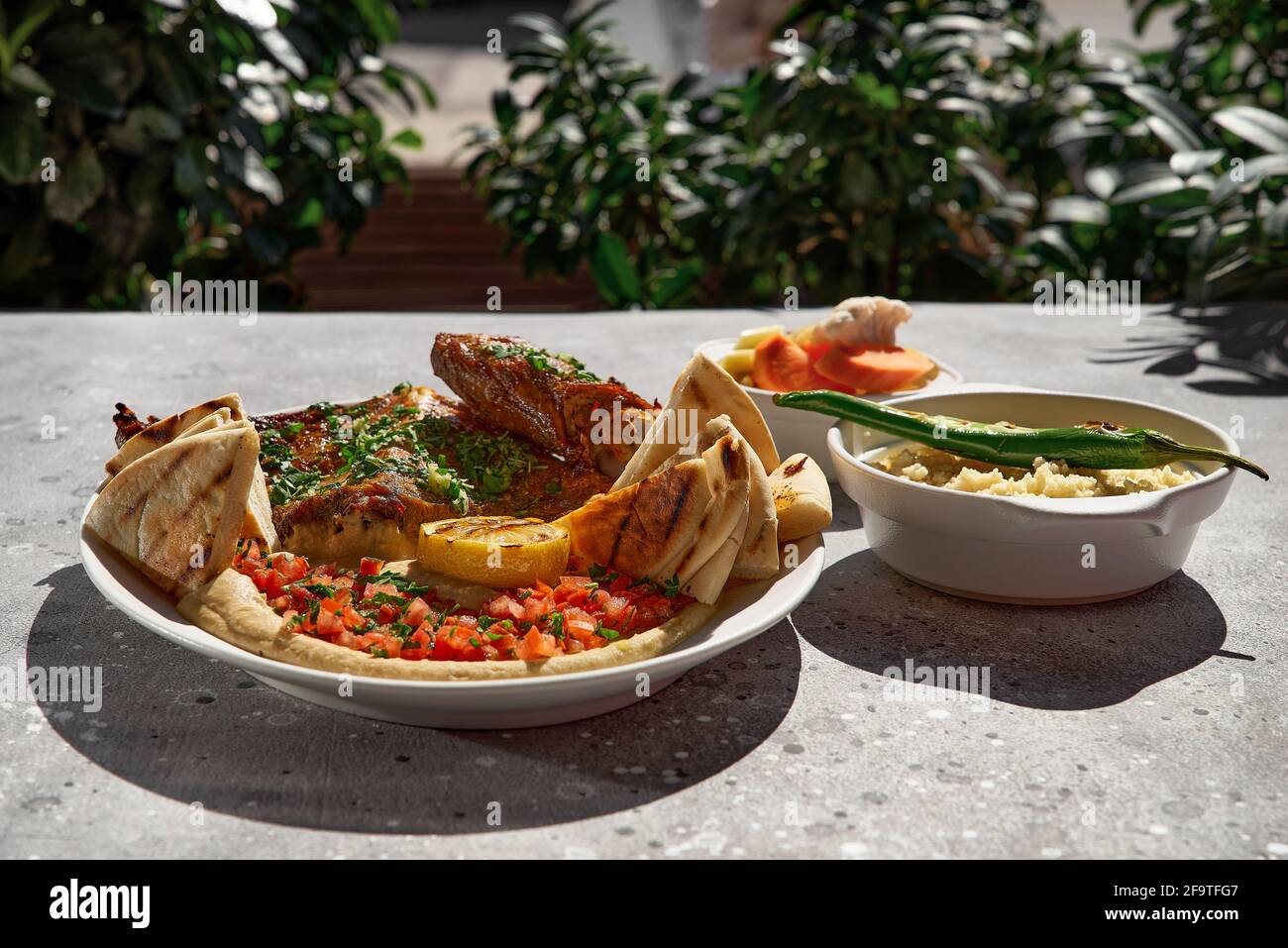 Delicious rack of lamb with hummus sauce, Traditional Arabic, Turkish ...