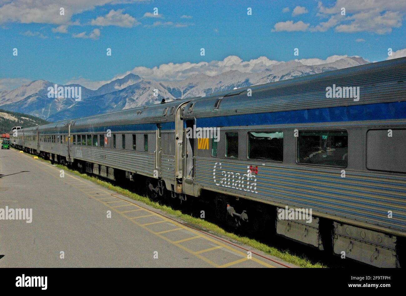 A view of The Canadian train at Jasper station, with the Rocky ...