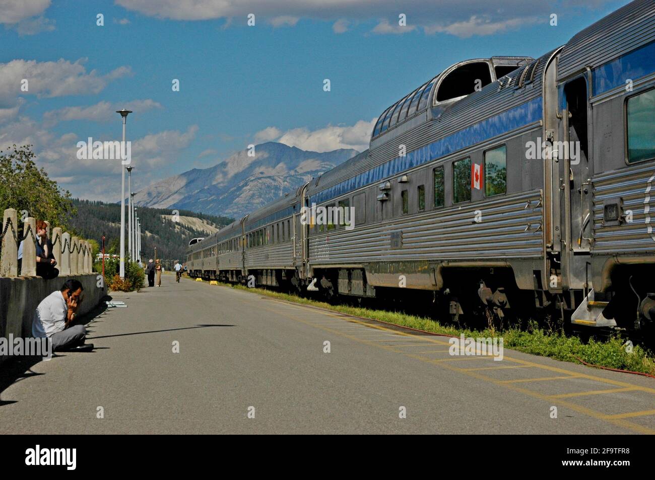 A view of The Canadian train at Jasper station, with the Rocky ...