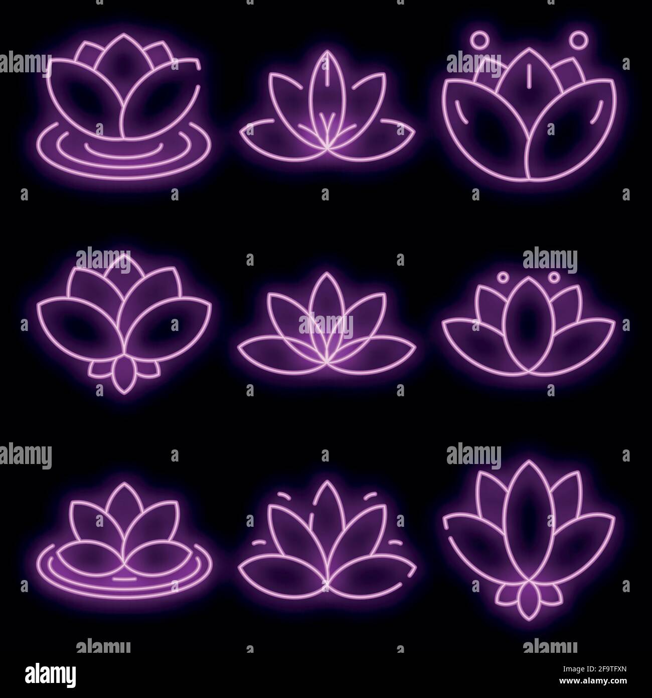Lotus icons set. Outline set of lotus vector icons neon color on white ... Lotus icons set. Outline set of lotus vector icons neon color on white ...