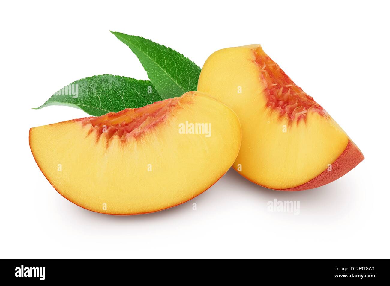 Ripe peach slices isolated on white background with clipping path and ...