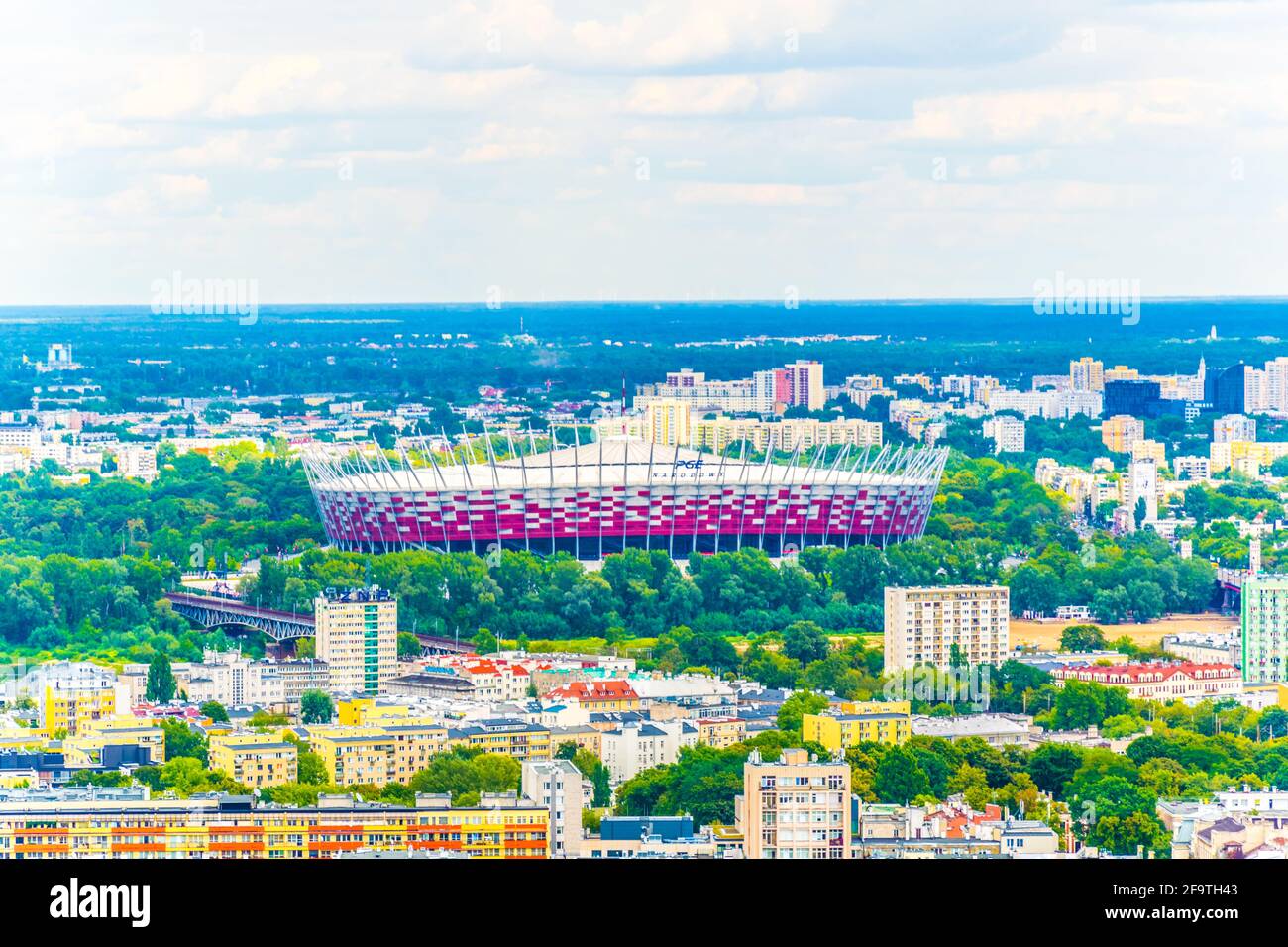 View of the polish national football stadium behind a steel bridge in ...