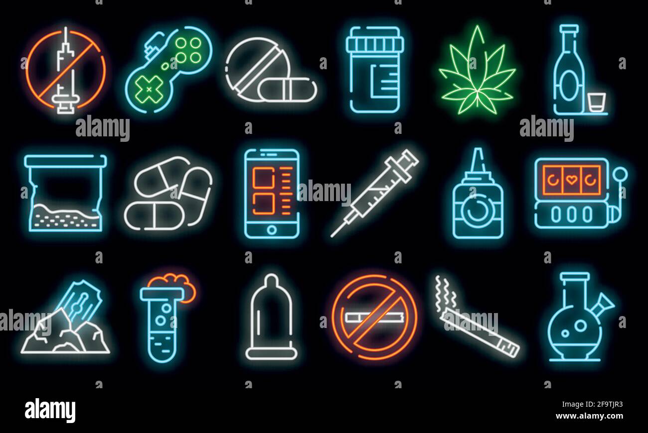 Addiction icons set. Outline set of addiction vector icons neon color ...