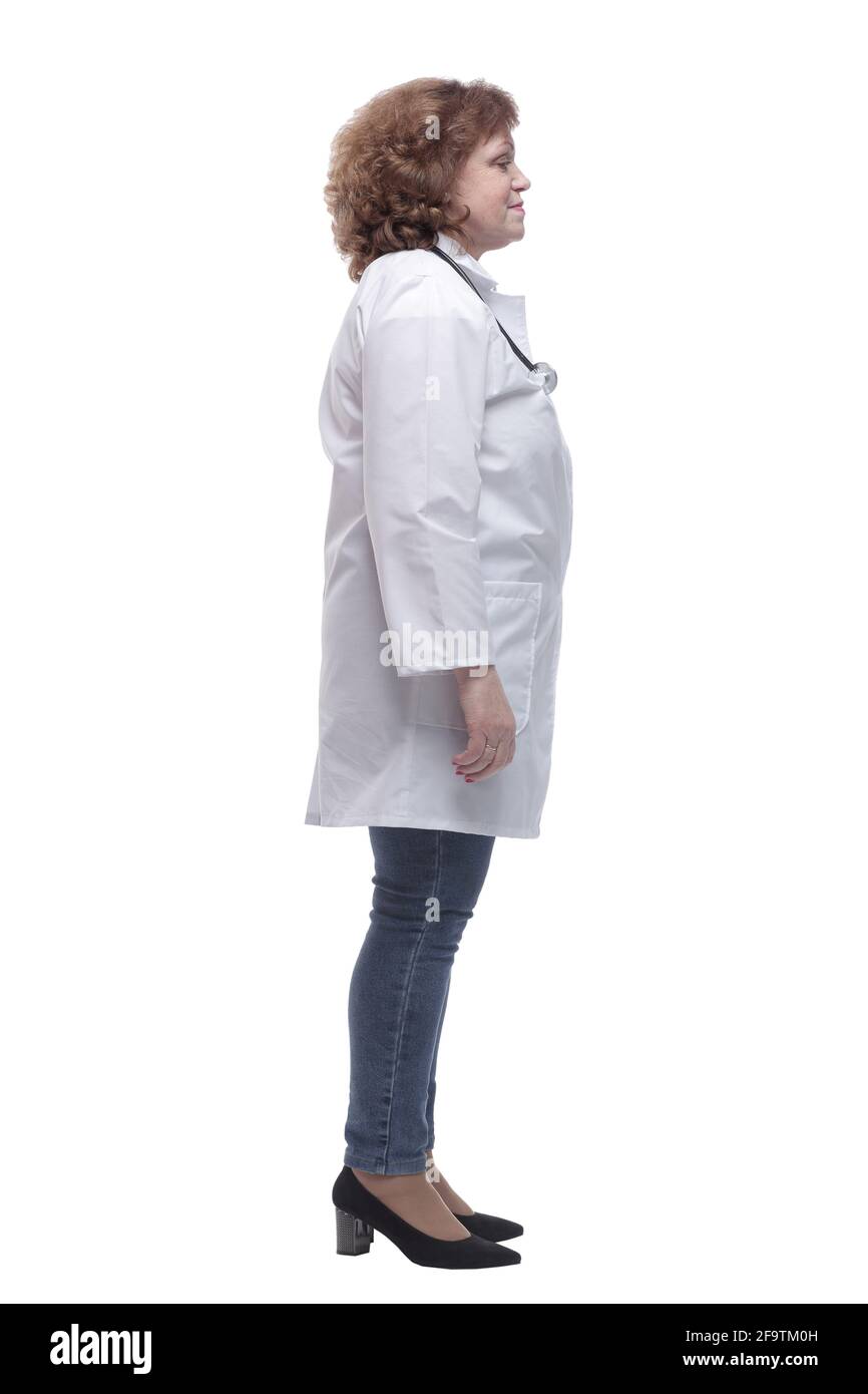 side view. confident woman doctor looking at a white screen Stock Photo ...