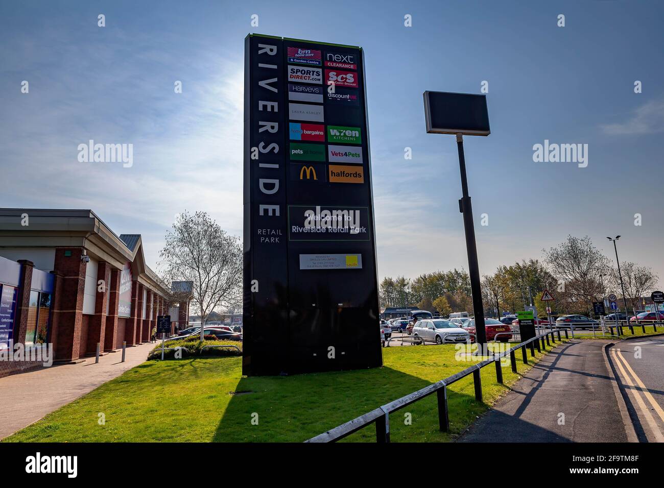 Store information sign at the entrance to The Riverside Retail Park in ...