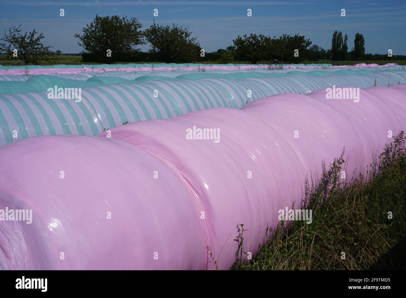 colorful plastic covered hay bales in the french countryside Stock ...