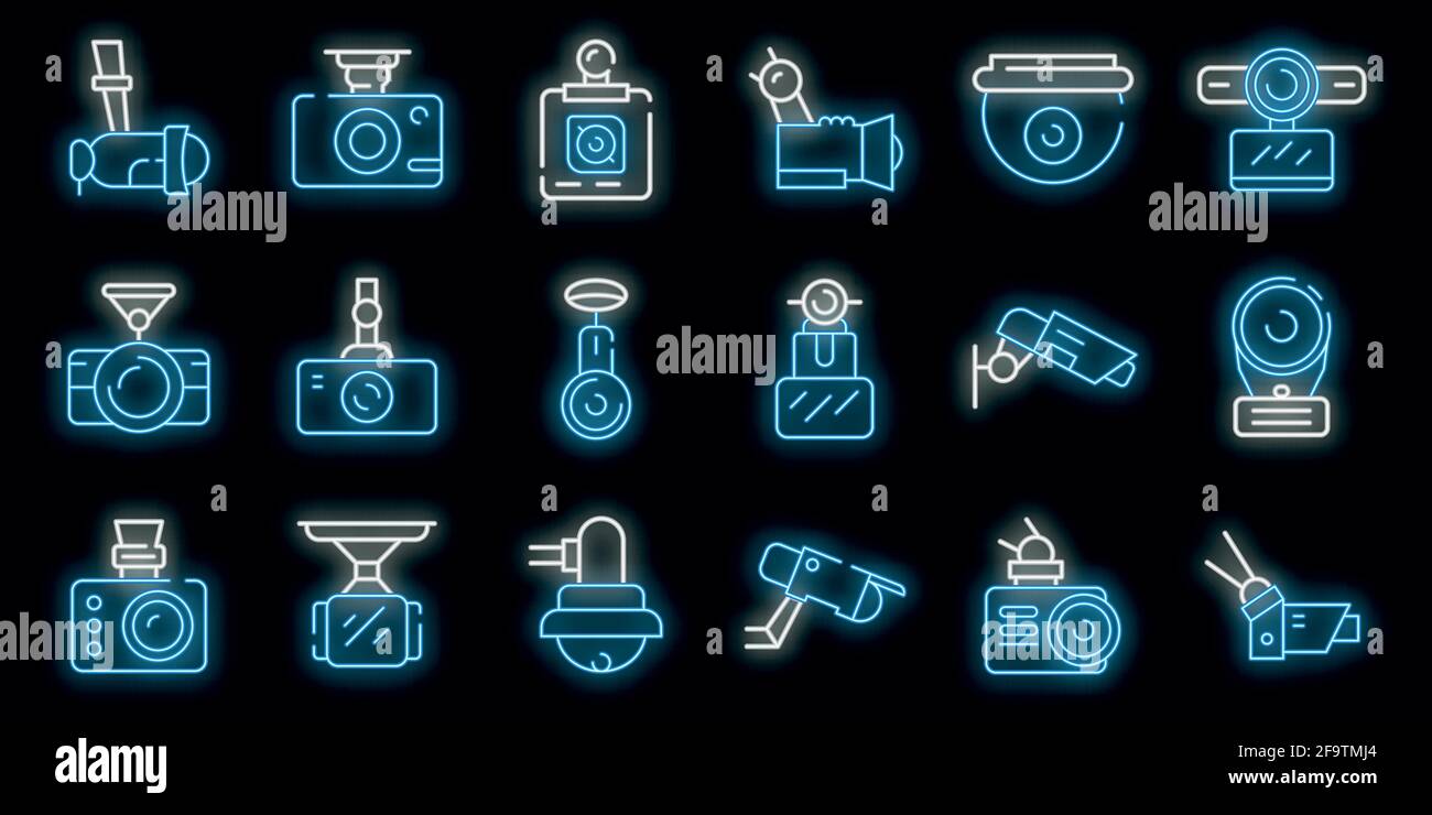DVR camera icons set. Outline set of DVR camera vector icons neon color ...