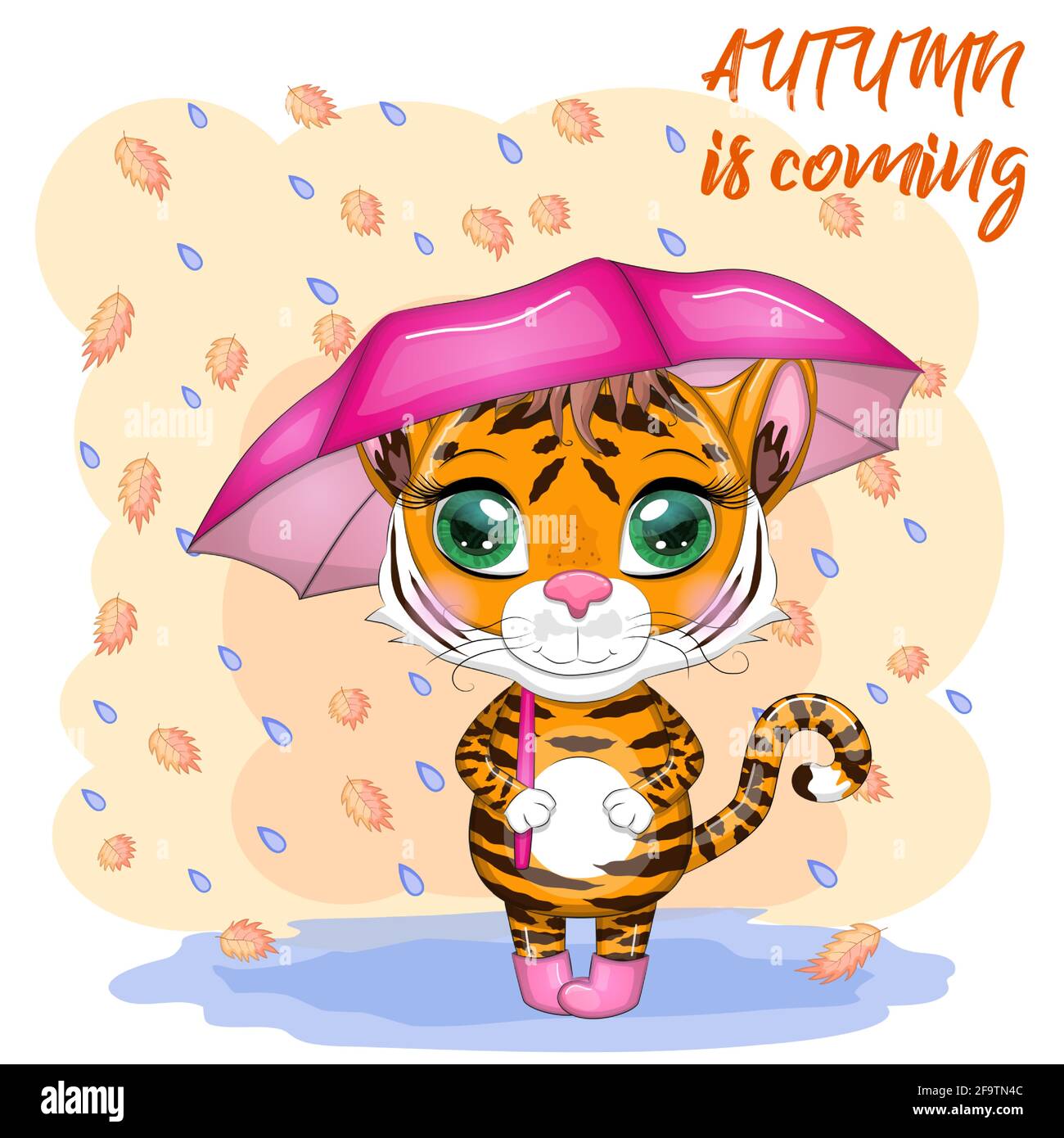 Cartoon tiger with an umbrella on a background of leaves and rain ...