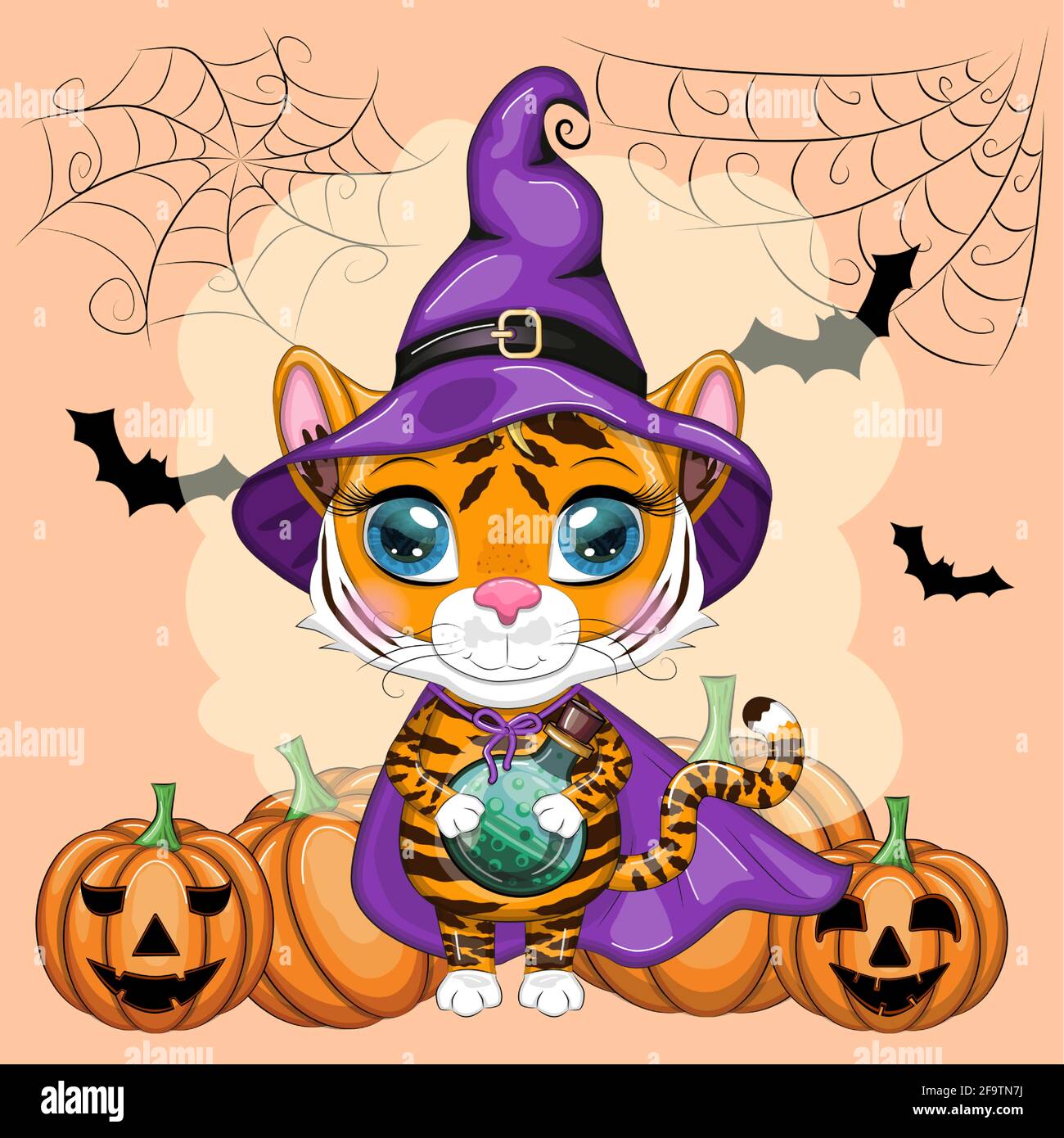 Cute cartoon tiger with beautiful eyes, orange in a purple cloak and ...
