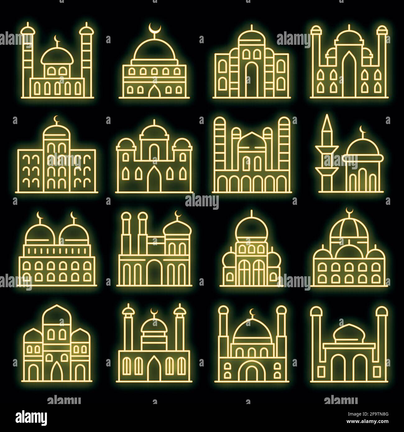 Mosque icons set. Outline set of mosque vector icons neon color on ...