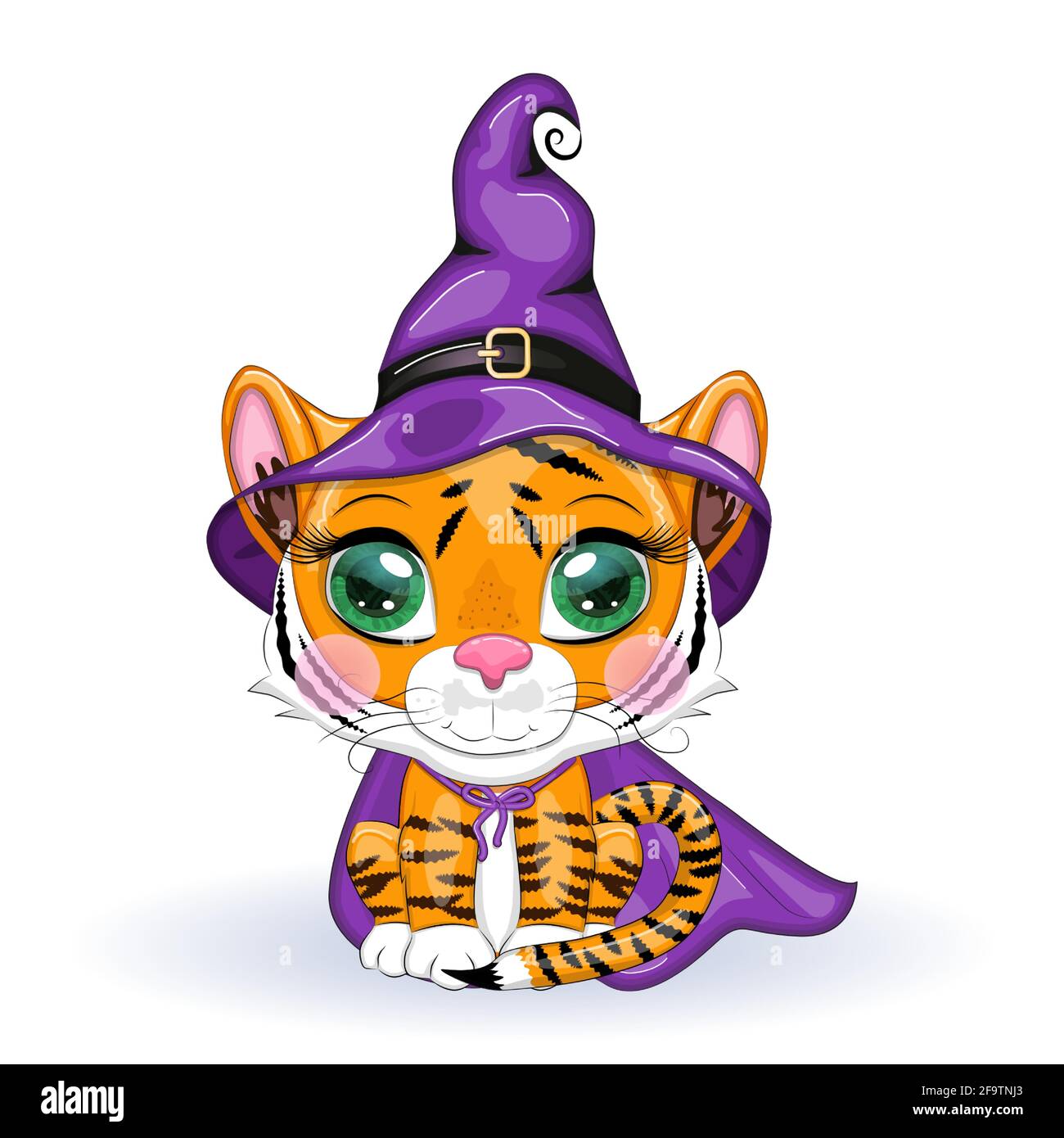 Cute cartoon tiger with beautiful eyes, orange in a purple witch's hat ...
