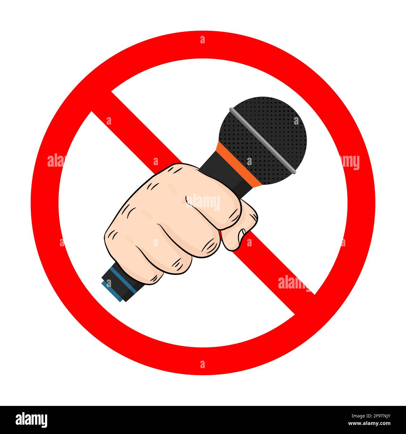 No Mic allowed. Mic ban icon. Microphone is prohibited. Stop or ban red ...