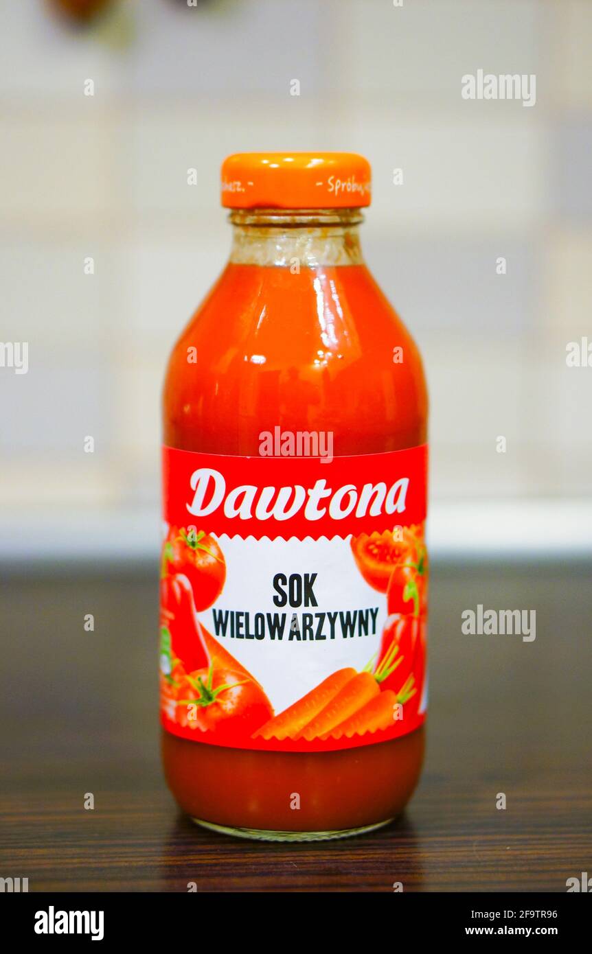 POZNAN, POLAND - Apr 05, 2016: Dawtona vegetable juice in a glass ...