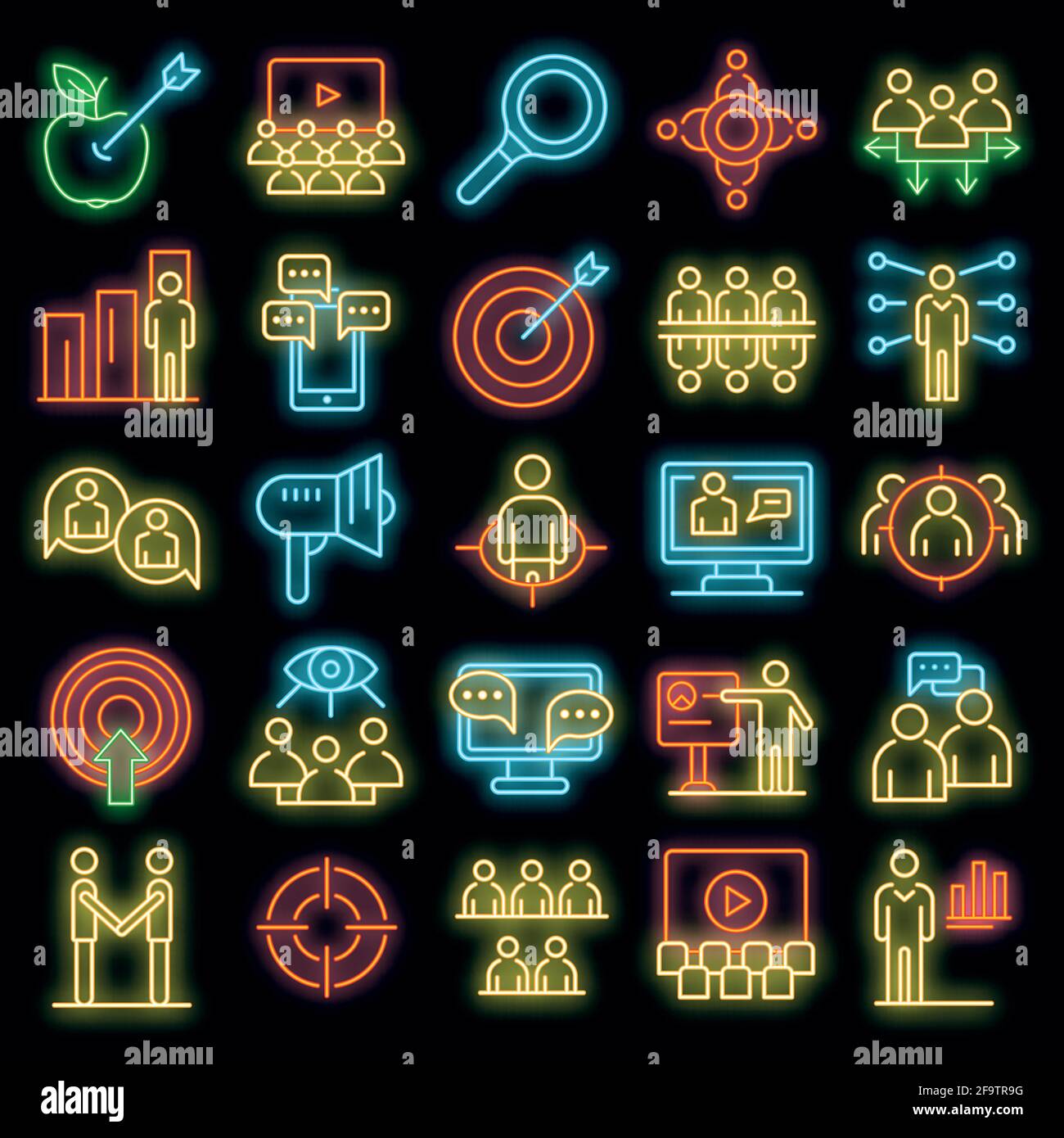 Audience icons set. Outline set of audience vector icons neon color on ...