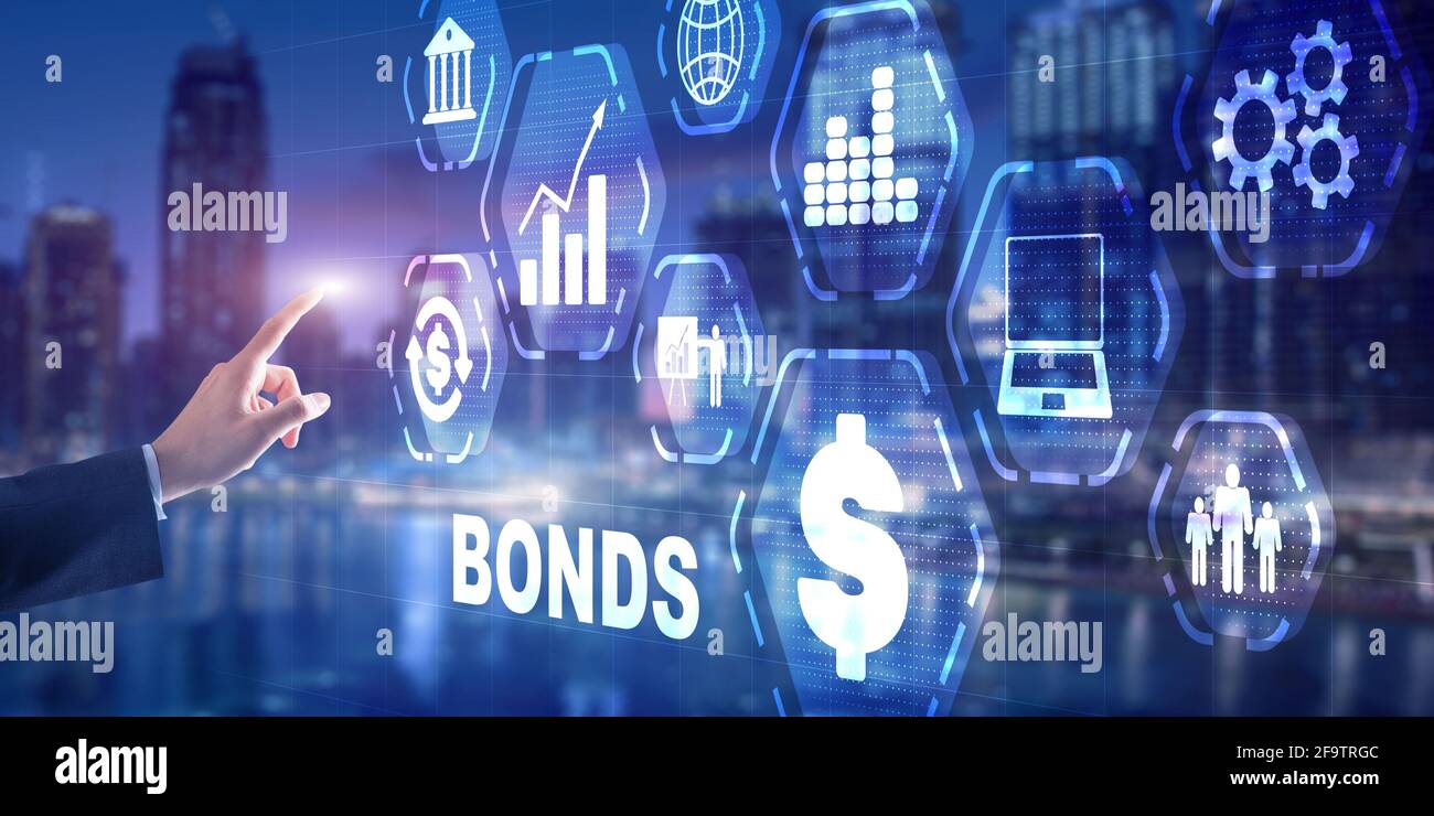 Corporate Bonds concept. Man presses his finger on the inscription ...