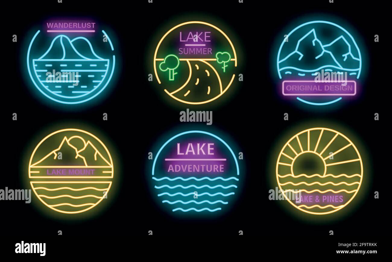 Lake logo set. Outline set of lake vector logo neon color on white ...