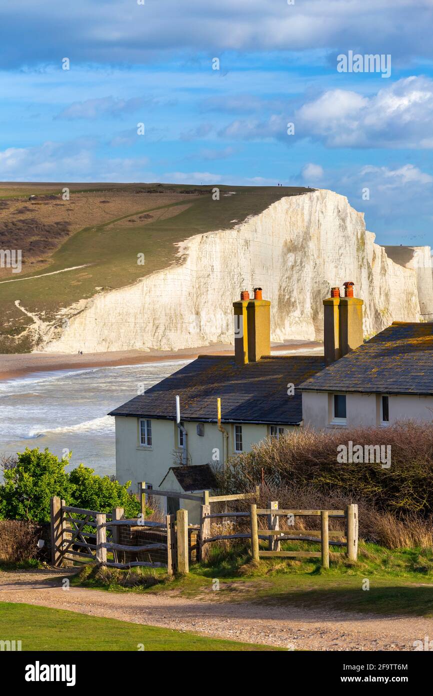 View of the Seven Sisters cliffs and the coastguard cottages, from ...