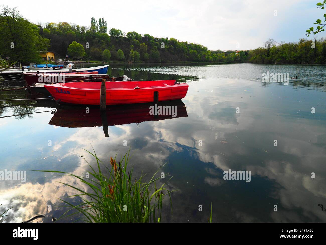 Boats in Trezzo d`Adda near power plant Taccani, Milan, Italy Stock ...