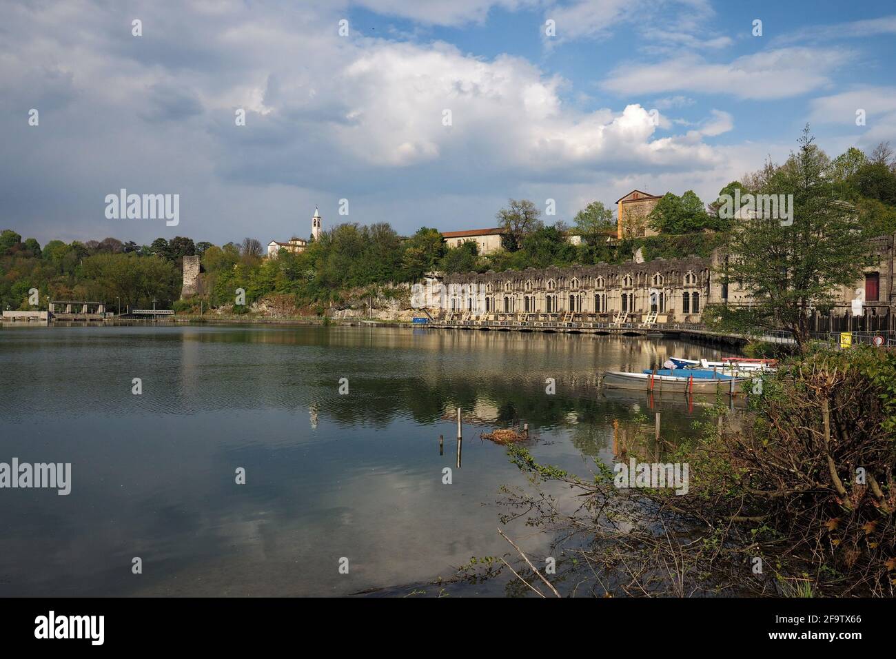 Boats in Trezzo d`Adda near power plant Taccani, Milan, Italy Stock ...