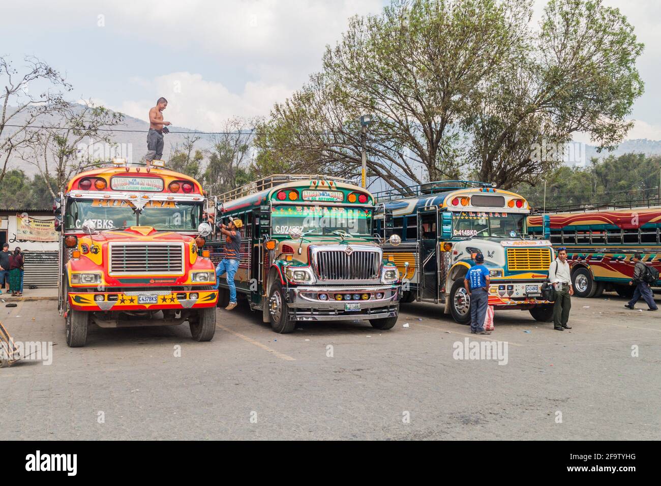 ANTIGUA, GUATEMALA - MARCH 28, 2016: Colourful chicken buses, former US ...