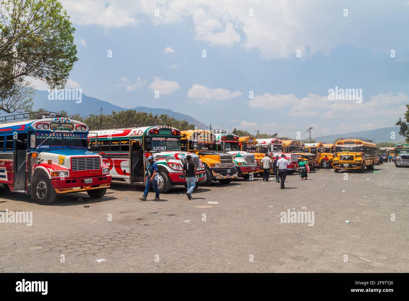 ANTIGUA, GUATEMALA - MARCH 28, 2016: Colourful chicken buses, former US ...