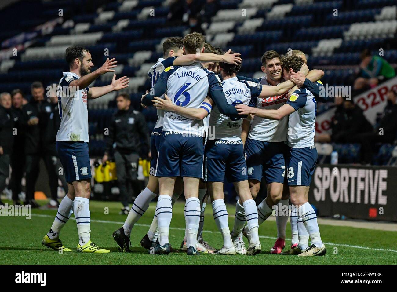 Ryan Ledson #18 of Preston North End celebrates scoring a goal with his ...