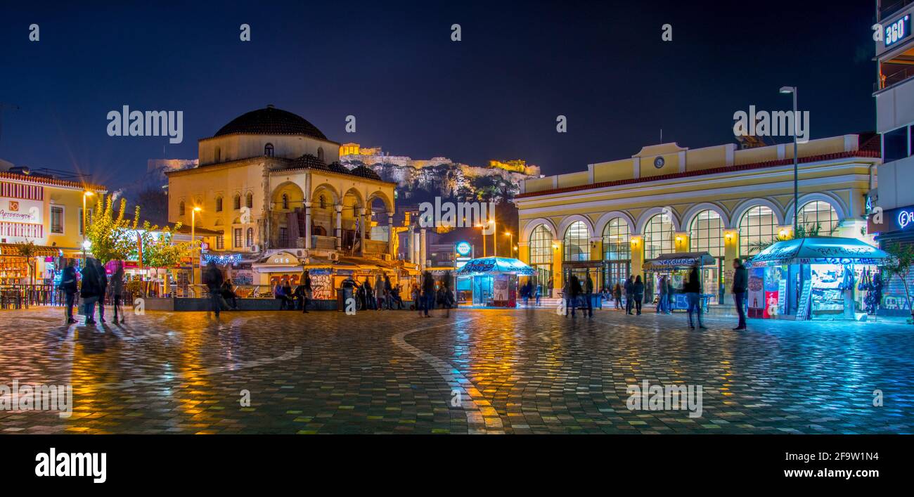 ATHENS, GREEC, DECEMBER 10, 2015: Night view of monastiraki square with ...