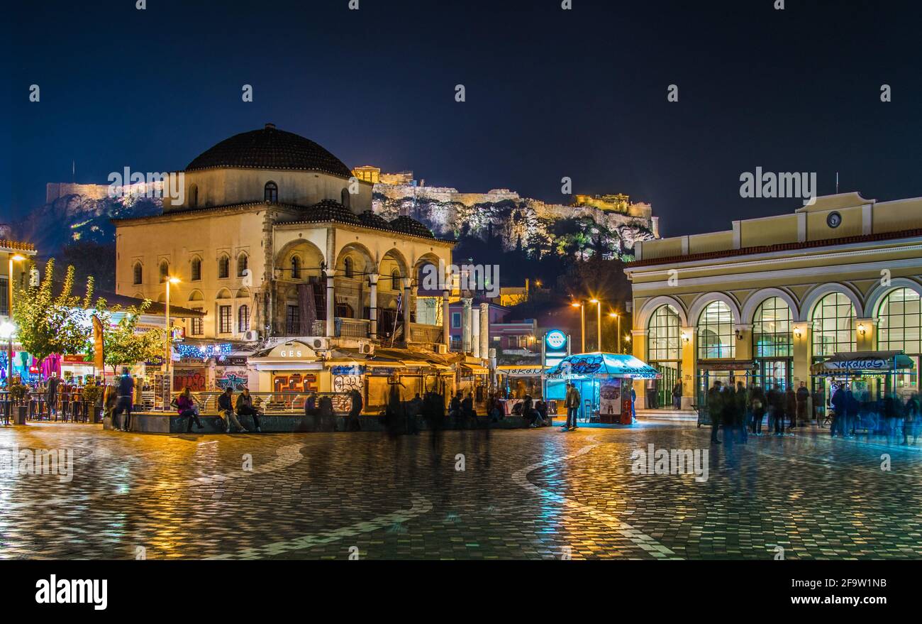 ATHENS, GREEC, DECEMBER 10, 2015: Night view of monastiraki square with ...