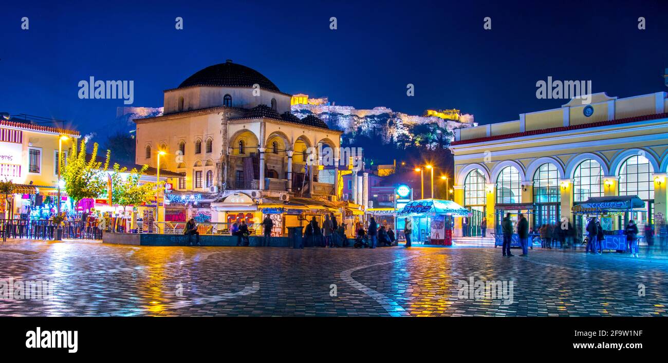 ATHENS, GREEC, DECEMBER 10, 2015: Night view of monastiraki square with ...