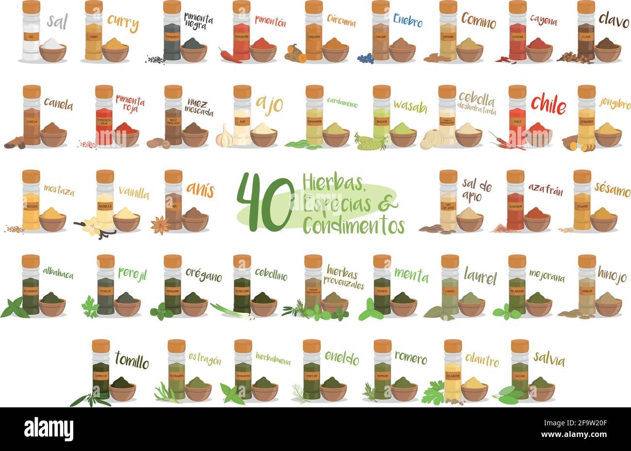 Set of 40 different culinary herbs, species and condiments in cartoon ...