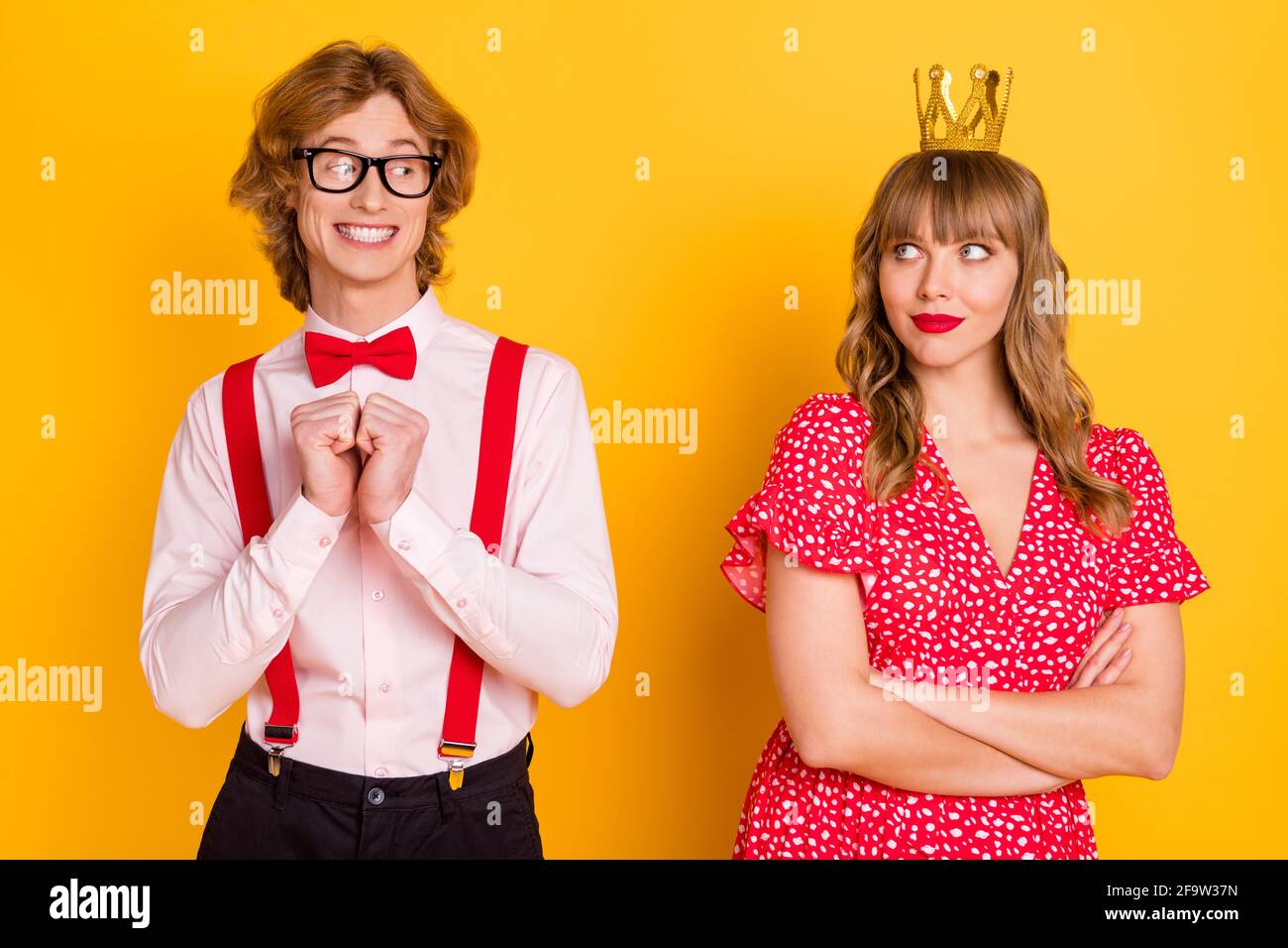 Photo portrait of funny nerd fell in love with pretty princess spending ...