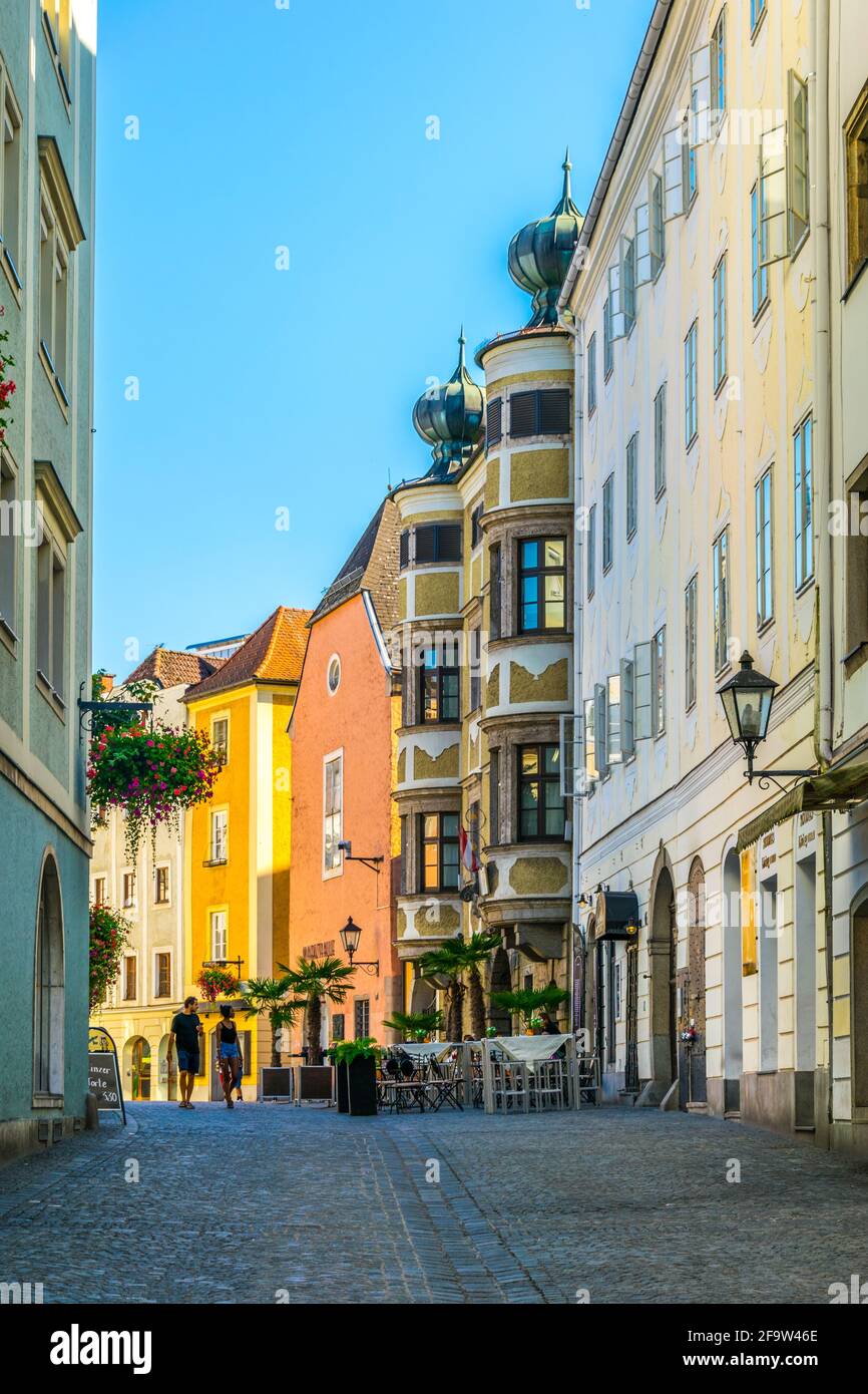 LINZ, AUSTRIA, JULY 30, 2016: View of a narrow street in the historical ...