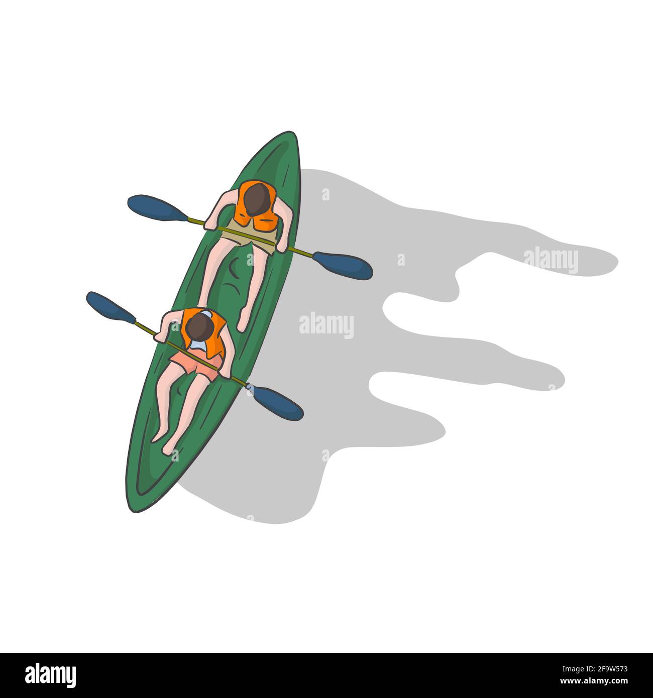 two people paddling double kayak and shadow with top view isolated on ...