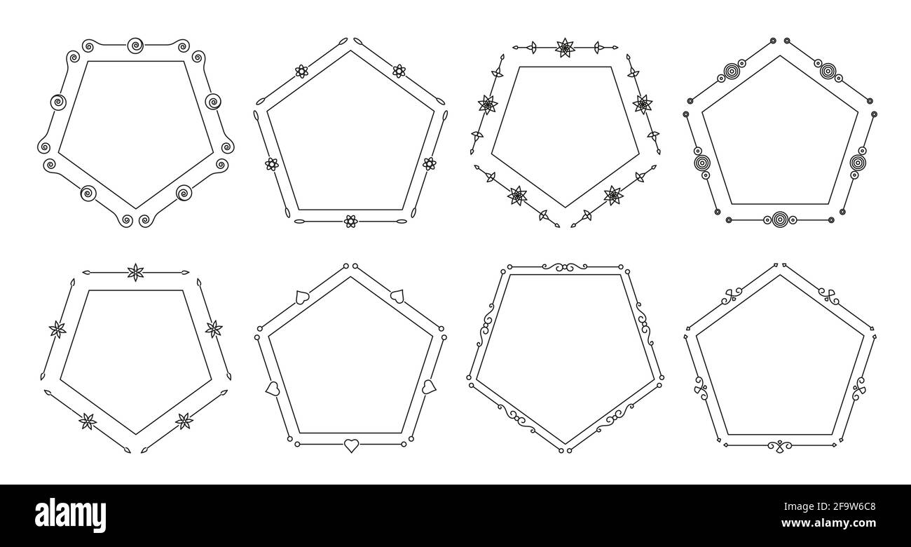 Flower and leaf vector line frames pentagon, dividers on isolated white ...